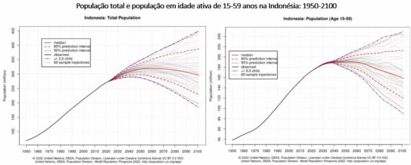A população da Indonésia de 1950 a 2100